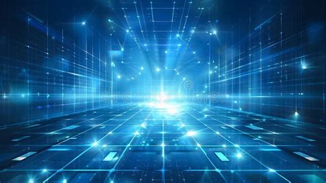 Futuristic Glowing Grid With Bright Blue Lights And A High Tech Digital Environment Stock