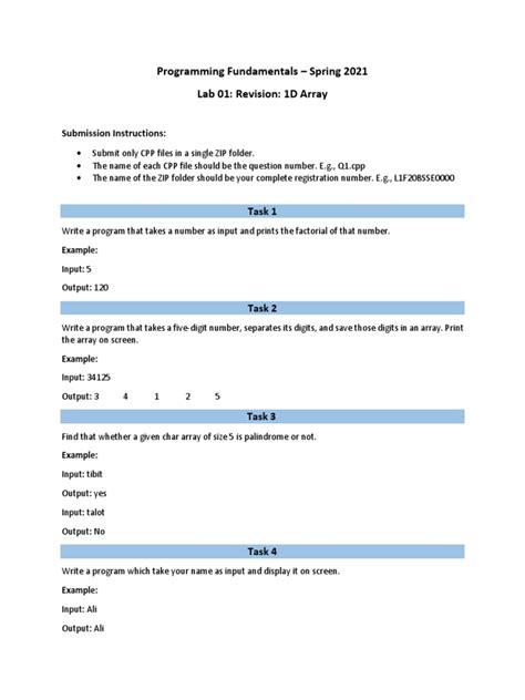 programming fundamentals spring 2021 lab 01 revision 1d array pdf