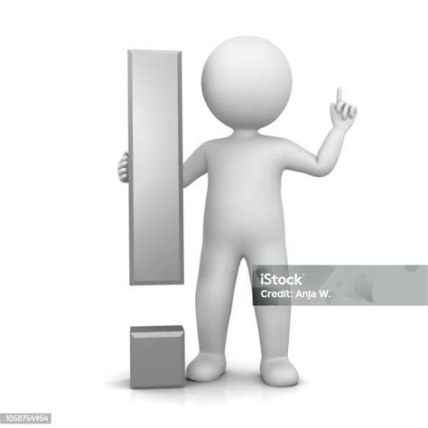 느낌표 마크 실버 회색 회색 흰색 절연 아이디어 포즈에서 위쪽으로 3d 조언을 기호 경고 기호 주의 아이콘 포인팅 스틱 남자와