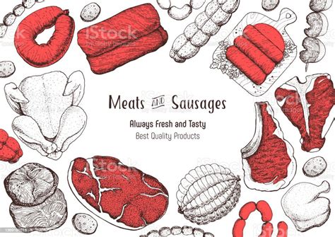 육류 제품 상단 보기 프레임 벡터 그림입니다 새겨진 디자인 손으로 그린 그림 고기 디자인 템플릿의 조각 패키지 디자인에