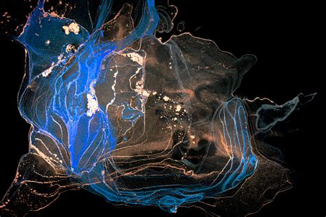 알코올 잉크 기술의 고급 추상 유체 예술 그림 검은 종이에 흰색 파란색과 금 페인트의 혼합물 대리석 돌 컷의 모방 빛나는 황금 정맥 부드럽고 몽상적인 디자인 구리에 대한