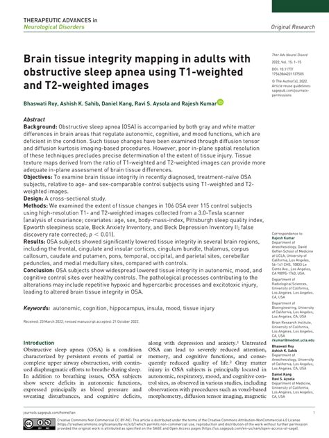 Pdf Brain Tissue Integrity Mapping In Adults With Obstructive Sleep Apnea Using T1 Weighted