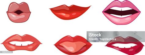 여자 입술 설정 다른 립스틱 색상으로 여성 입 하 고 다양 한 감정을 흰색 배경에 그림을 벡터 관능에 대한 스톡 벡터 아트 및 기타 이미지 Istock