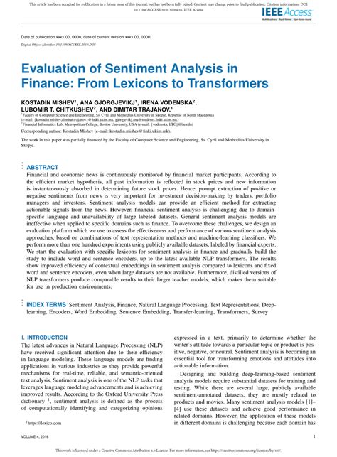 Pdf Evaluation Of Sentiment Analysis In Finance From Lexicons To Transformers