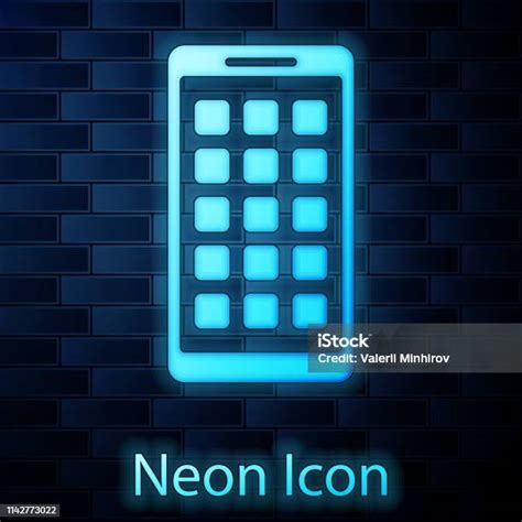빛나는 네온 모바일 애플 리 케이 션 아이콘 벽돌 벽 배경에 고립 화면 아이콘 응용 프로그램과 스마트 폰 화면을 보여주는 휴대 전화 벡터 일러스트 개념에 대한 스톡 벡터