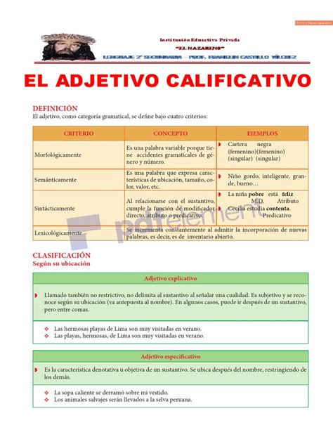 El Adjetivo Calificativo Para Secundo Grado De Secundaria Copiar Pdf