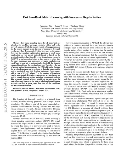 Pdf Fast Low Rank Matrix Learning With Nonconvex Regularization