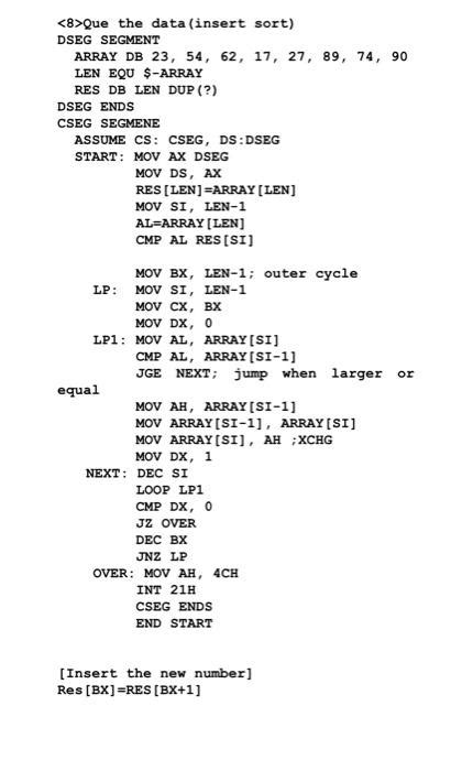 Solved Que The Data Insert Sort DSEG SEGMENT ARRAY DB Chegg Com