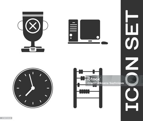 Set Abacus Award Cup Clock And Computer Monitor With Keyboard And Mouse Icon Vector Stock