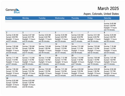 March 2025 Sunrise And Sunset Calendar For Aspen United States Pdf