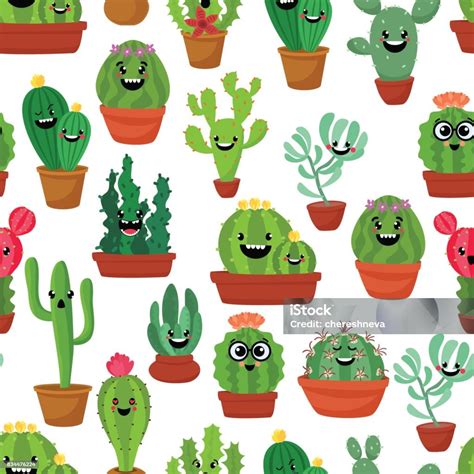 귀여운 귀여운 선인장 및 Succulents 냄비에 재미 있는 얼굴로 완벽 한 패턴입니다 흰색 배경입니다 벡터 일러스트 레이 션