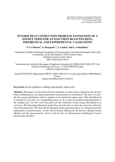 Pdf Inverse Heat Conduction Problem Estimation Of A Source Term For An Electron Beam Welding