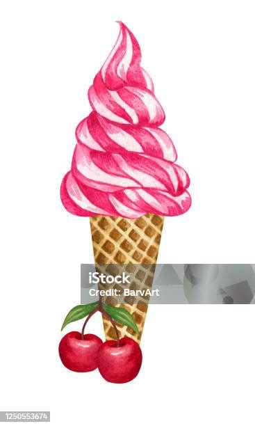 흰색 배경에 고립 된 수채화 체리 아이스크림 콘 손으로 그린 일러스트신선한 체리와 와플 콘에 붉은 아이아이스크림 과일에 대한 스톡 벡터 아트 및 기타 이미지 Istock