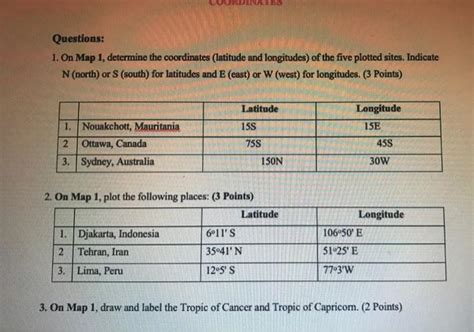 Solved Questions 1 On Map 1 Determine The Coordinates Chegg Com