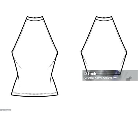 탑스 하이넥 홀터 탱크 테크니컬 패션 일러스트레이션 세트 활 슬림핏 허리 자르기 길이 플랫 아웃웨어 0명에 대한 스톡 벡터 아트 및 기타 이미지 Istock