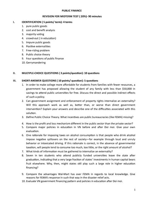 Midterm Revision PUBLIC FINANCE REVISION FOR MIDTERM TEST Minutes I Studocu