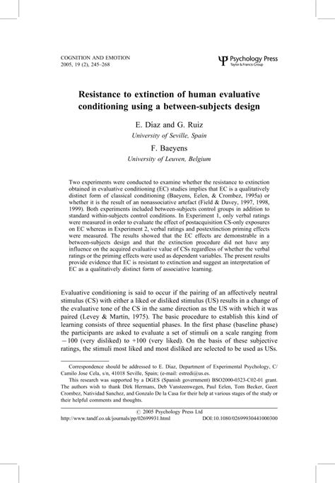 Pdf Resistance To Extinction Of Human Evaluative Conditioning Using A Between Subjects Design
