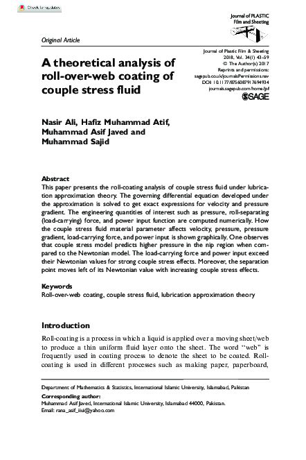Pdf A Theoretical Analysis Of Roll Over Web Coating Of Couple Stress Fluid Hafiz Atif