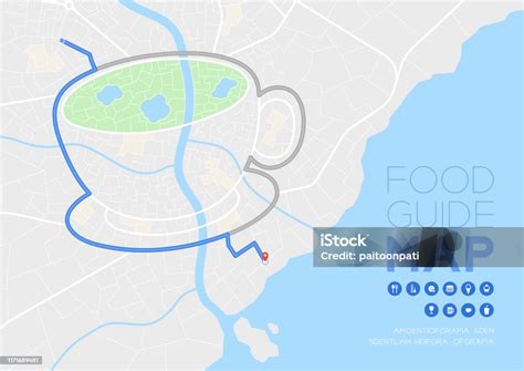 음식 및 음료 가이드 방향지도 여행 아이콘 개념 커피 또는 찻잔 모양 포스터 및 소셜 배너 포스트 디자인 주간 모드 그림 회색