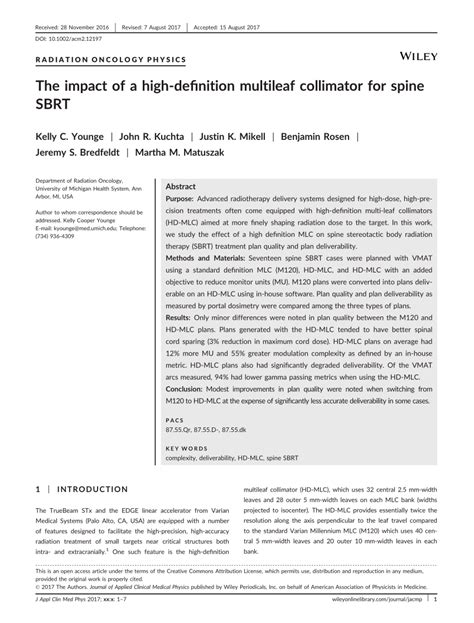 Pdf The Impact Of A High‐definition Multileaf Collimator For Spine Sbrt