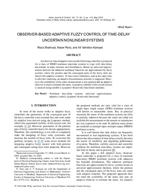 pdf observer based adaptive fuzzy control of time delay uncertain