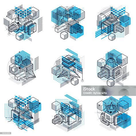 아이소메트릭 요소 선과 모양이 벡터 선형 아트와 추상적 인 배경 큐브 육각형 사각형 사각형 및 다른 추상 요소입니다 벡터 집합입니다 0명에 대한 스톡 벡터 아트 및 기타