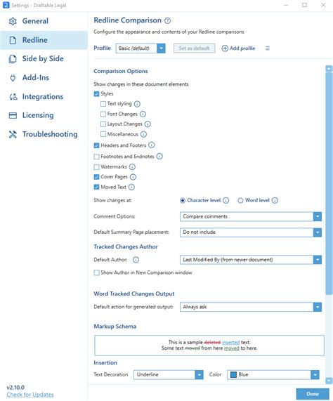 Redline Comparison Settings Draftable