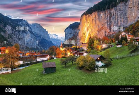 Dramatic Autumn View Of Lauterbrunnen Valley With Gorgeous Staubbach
