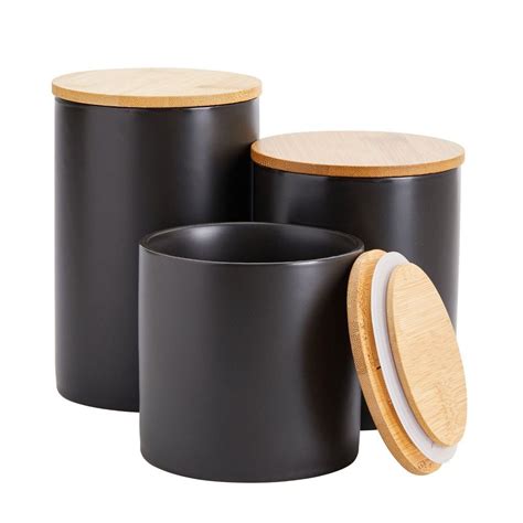 Farmlyn Creek Set Of 3 Matte Black Ceramic Canisters With Wooden Bamboo