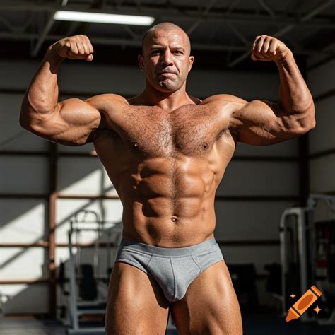 Bald Muscular Man With Hairy Chest In Grey Briefs Flexing Biceps In A