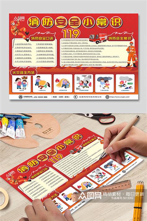 红色消防安全火灾安全逃生常识小报手抄报素材下载 众图网
