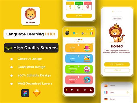 language learning ui kit — sketch and figma ui kit — liongo — ui ux