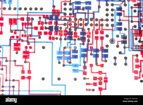 Close Up Of A Plotted Circuit Layout In Red And Blue For A Printed