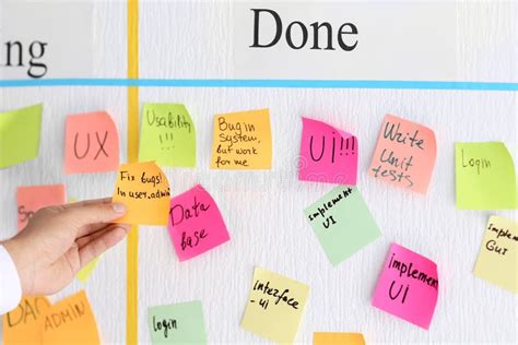 Man With Sticker Near Scrum Task Board In Office Stock Photo Image Of Kanban Concept 150102702