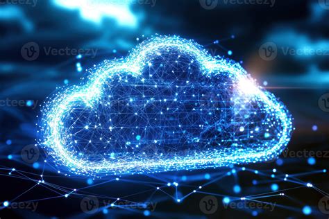 Digital Cloud Network Symbolizing Technology And Connectivity Featuring Glowing Lines And Nodes