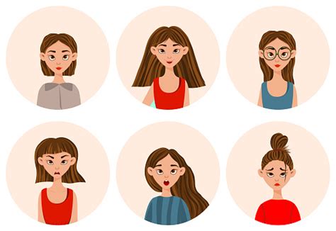 다른 얼굴 표정과 감정을 가진 소녀 만화 스타일 벡터 일러스트레이션 감정에 대한 스톡 벡터 아트 및 기타 이미지 감정 귀여운 긍정적인 감정 표현 Istock