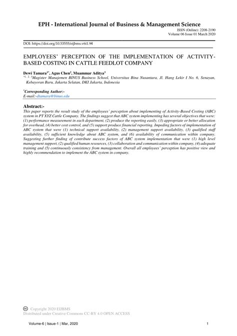 Pdf Employees Perception Of The Implementation Of Activity Based Costing In Cattle Feedlot