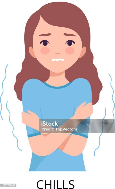오한 바이러스 감염 인플루엔자 또는 호흡기 질환의 증상으로 고통받는 소녀 독감 및 바이러스 예방 벡터 일러스트레이션에 대한 의료 및 의학 정보 감기와 독감에 대한 스톡 벡터