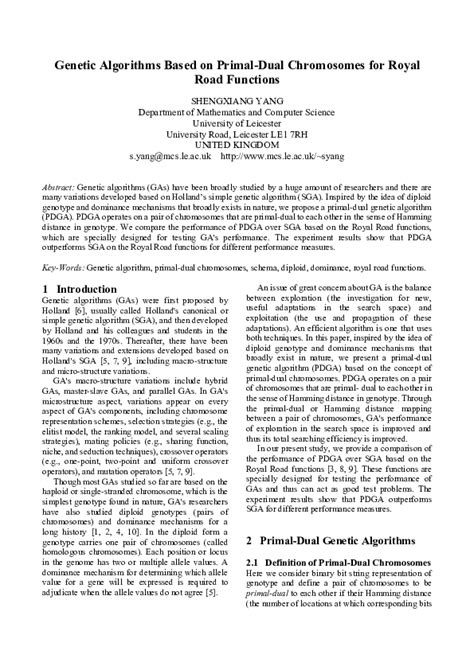 Pdf Genetic Algorithms Based On Primal Dual Chromosomes For Royal Road Functions Shengxiang