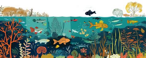 Colorful Aquatic Ecosystem Illustration Showcasing Diverse Marine Life