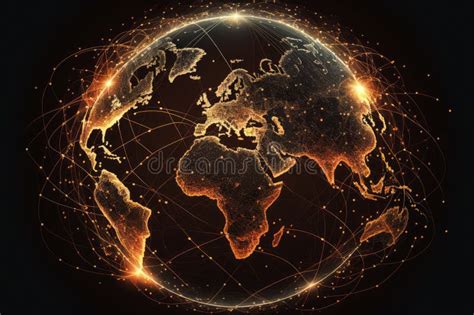 Digital Communication Network Of Glowing Lines Connecting Worldwide Cities On A Digital Globe