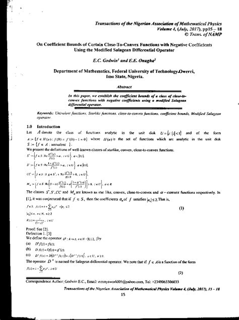 Pdf On Coefficient Bounds Of Certain Close To Convex Functions With