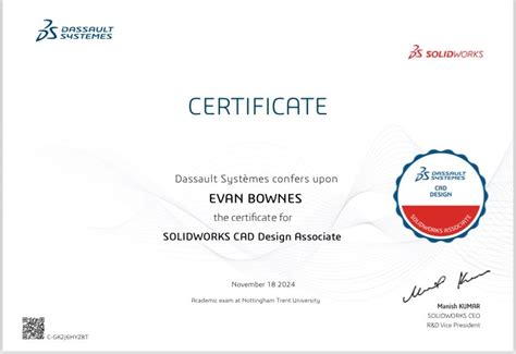 Awarded Certificate Solidworks Associate Cwsa In November 2024