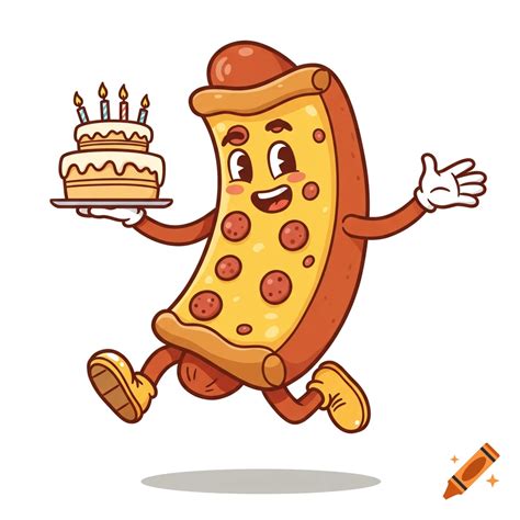 Cartoon Pizza Character Holding A Birthday Cake Logo On Craiyon