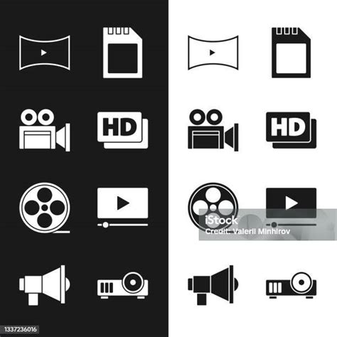 설정 Hd 동영상 테이프 프레임 시네마 카메라 온라인 재생 비디오 Sd 카드 필름 릴 미디어 프로젝터와 메가 폰 아이콘 벡터 0명에 대한 스톡 벡터 아트 및 기타 이미지