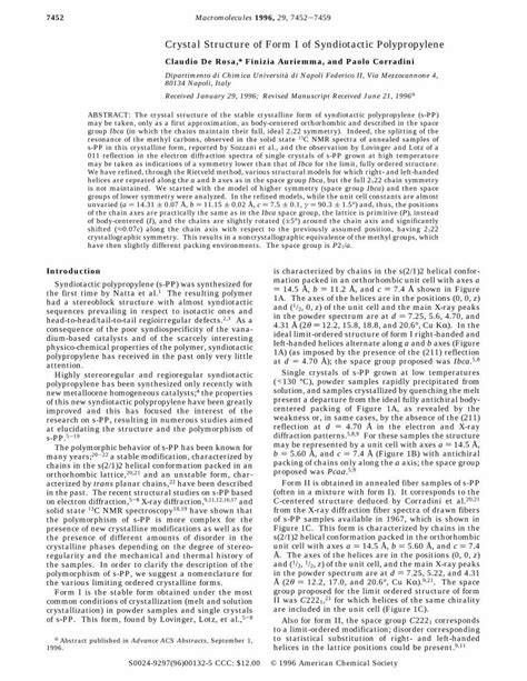 Pdf Crystal Structure Of Form I Of Syndiotactic Polypropylene
