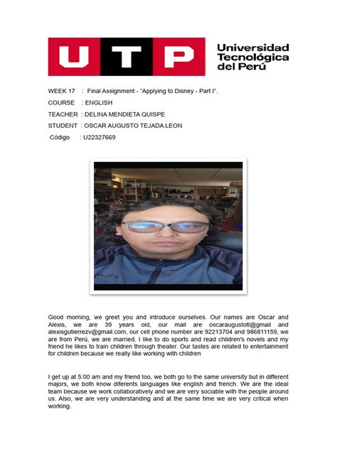 Semana 17 Final Assignment Applying To Disney Part I Pdf