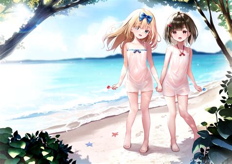 Original Yan Nicknikg 2girls Aqua Eyes Barefoot Beach Blonde Hair Bow