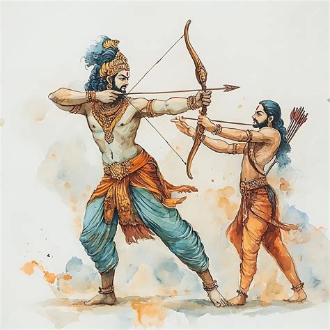 Watercolor Illustration Of Arjuna And Karna Epic Indian Mythology