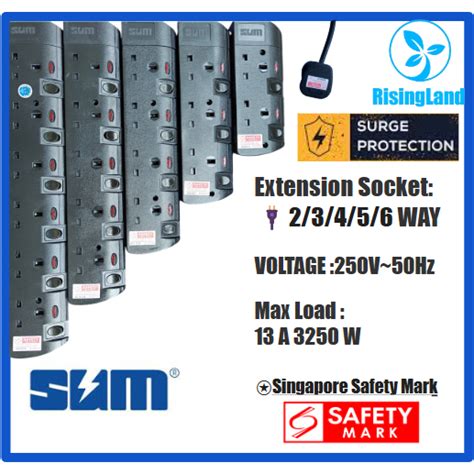 Sum 2 3 4 5 6 Way Extension Cord Socket Plug Black 0 5 1 2 3 6 10 Meters Safety Mark Surge
